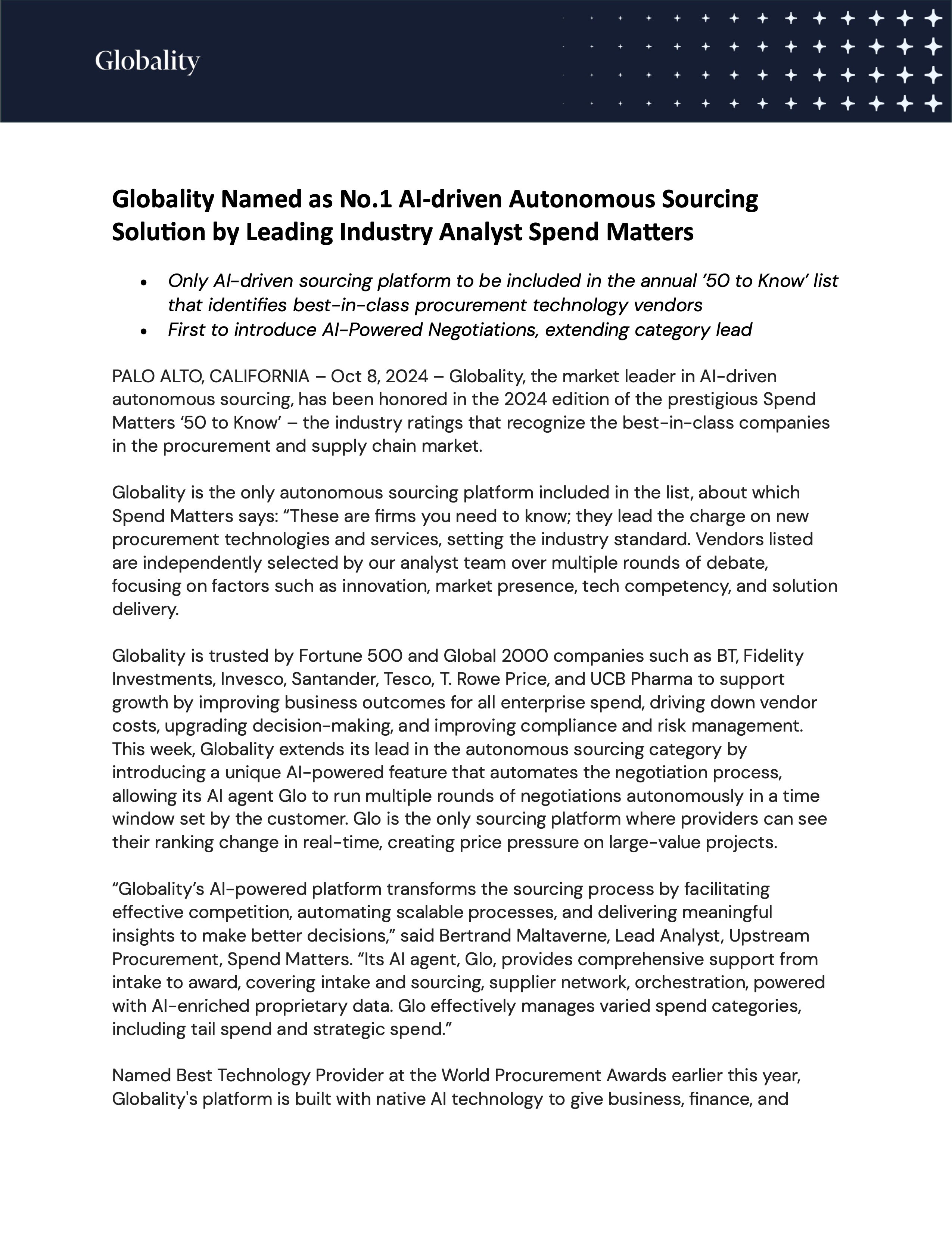 Globality Named as No.1 AI-driven Autonomous Sourcing Solution by Leading Industry Analyst Spend ...